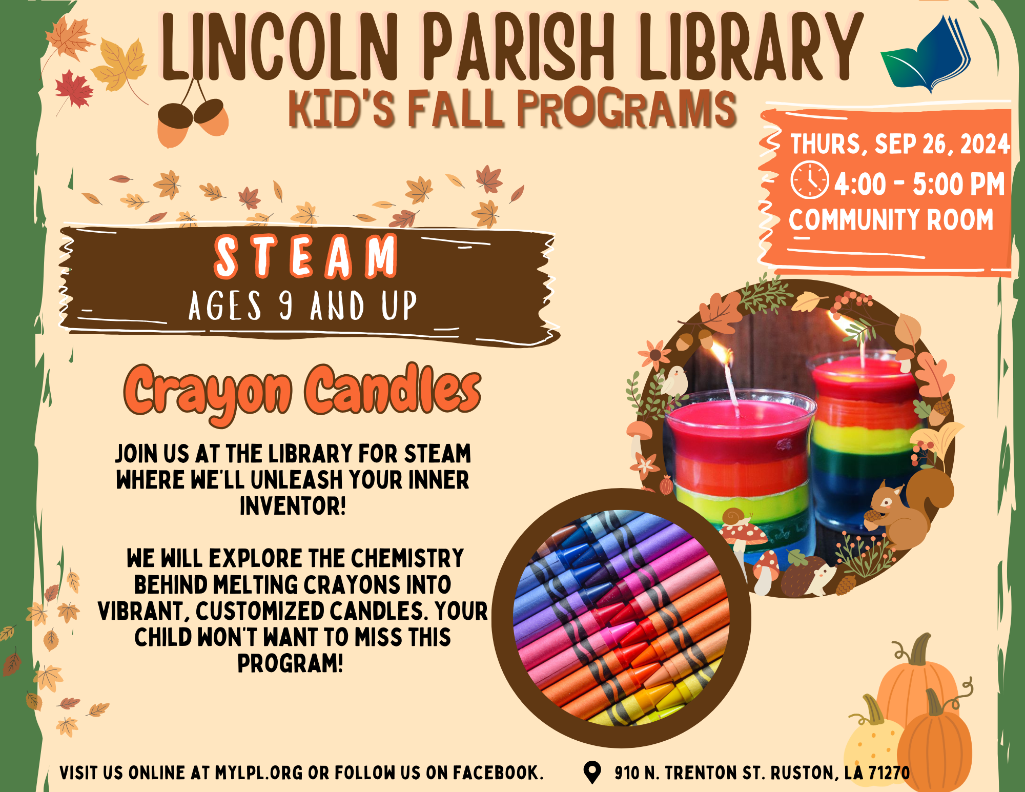 LPL Kid's Fall STEAM: Crayon Candles - Lincoln Parish Library